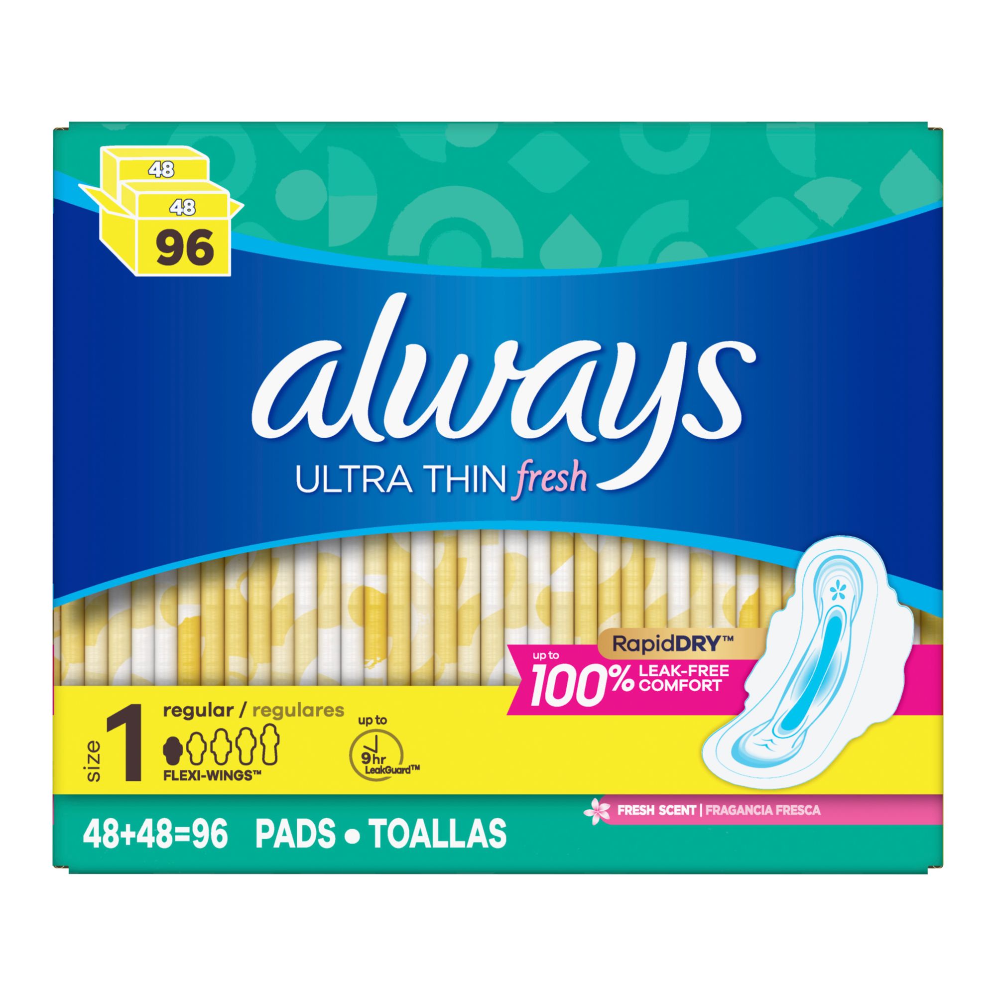Always Fresh Clean Scent Ultra Thin Regular Pads with Flexi-Wings, 96 ...