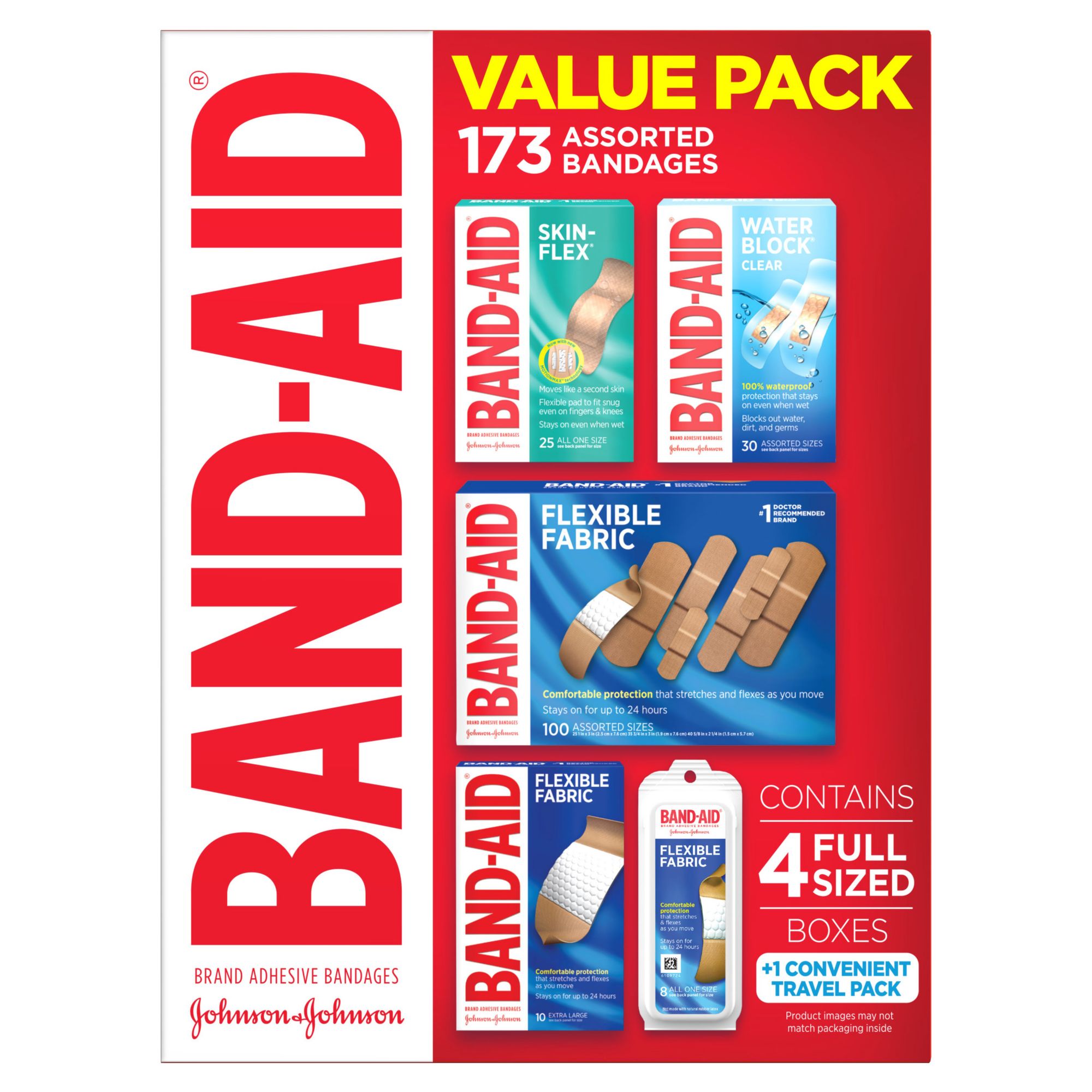 Band-Aid Variety Pack with Assorted Flexible Fabric Bandages, 173 ct ...