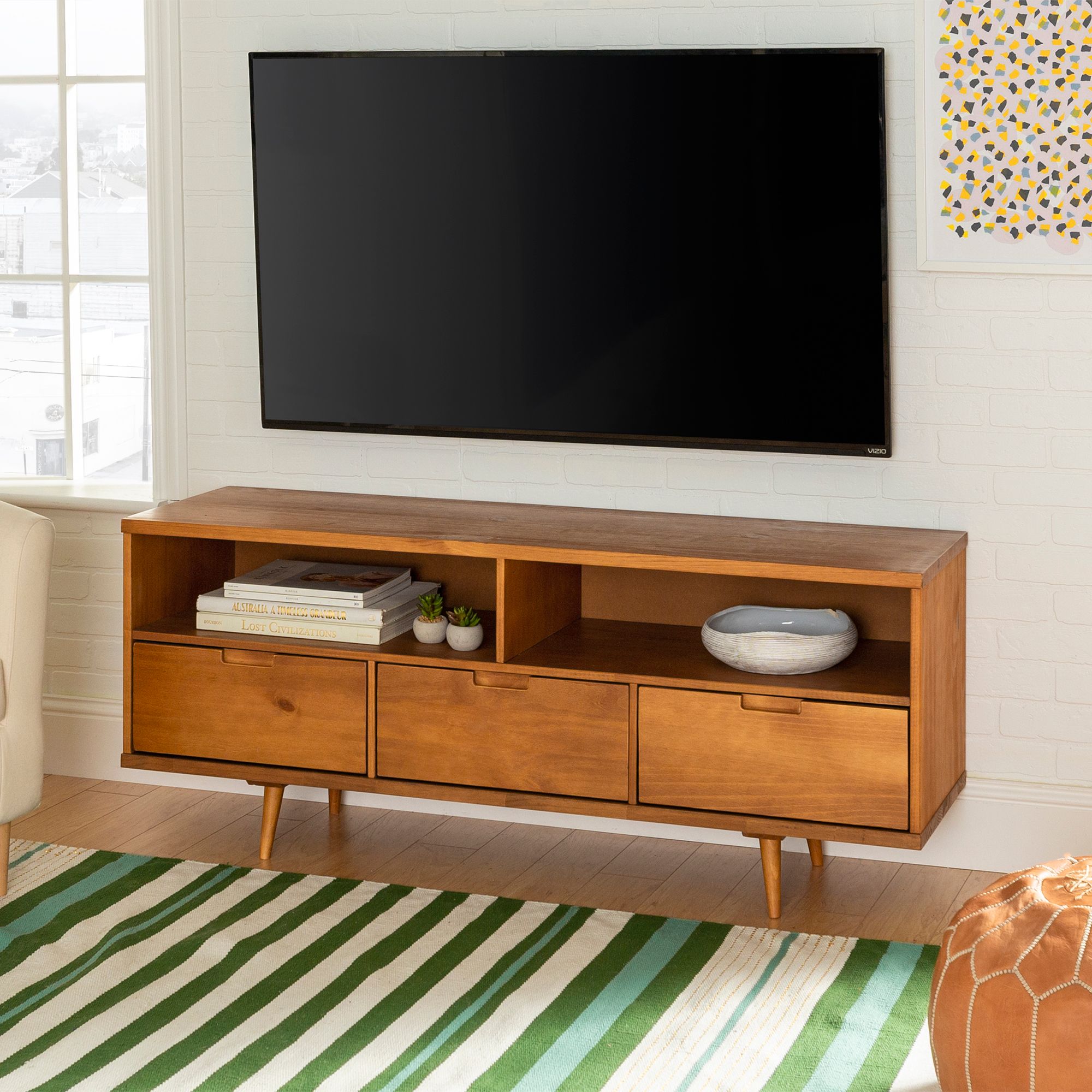 W. Trends 58 Ivy 3 Drawer Mid Century Modern TV Stand for TVs up to 65 Caramel