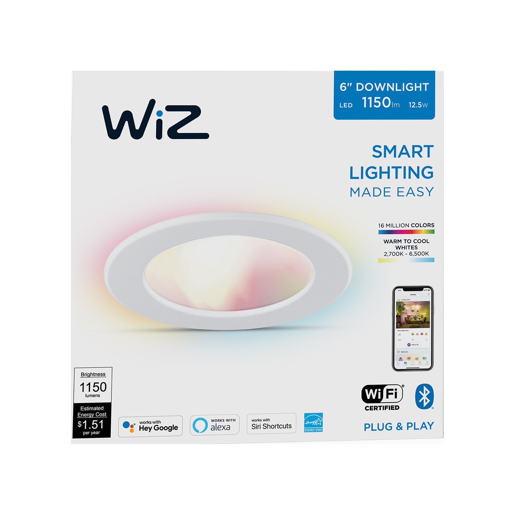 WiZ Full Color & Tunable 6" 85 Watt Equivalent Smart LED Downlight, White | BJ's Wholesale Club